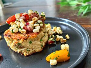 Gluten-Free Scallion Rotisserie Chicken Cakes with Fresh Corn Relish ...